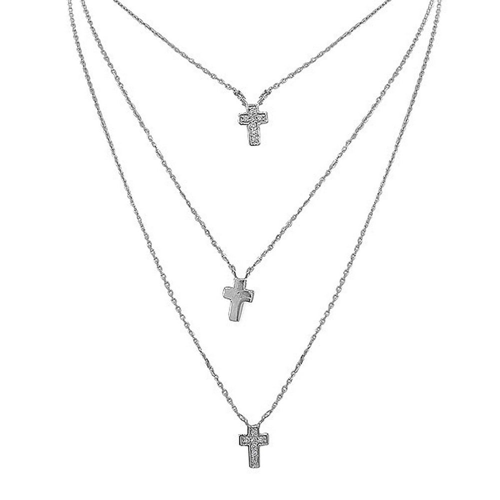 925 Sterling Silver Womens Religious Cross Triple Chain White CZ ...