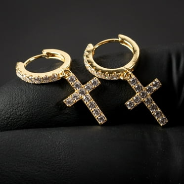 Men's Real Jewelry: Gold Plated 925 Sterling Silver Cross Hoop Earrings ...