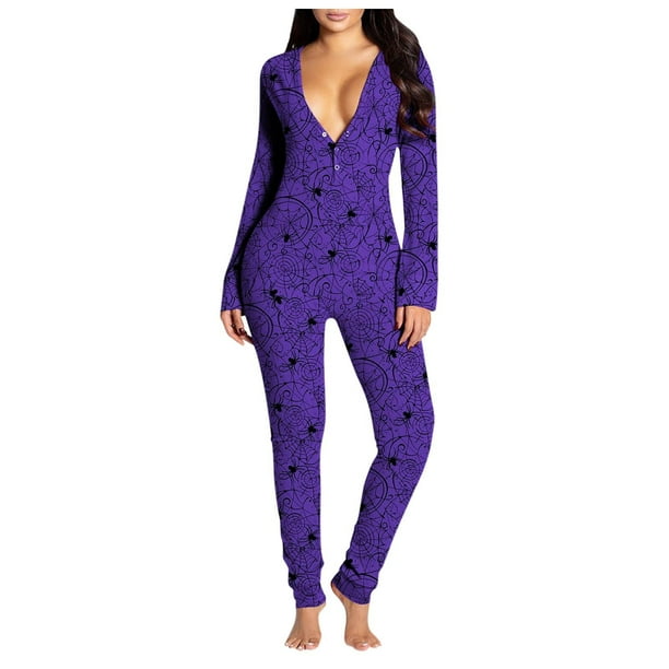 Qucoqpe Sexy Onesie Pajamas For Women Button Deep V Neck Long Sleeve