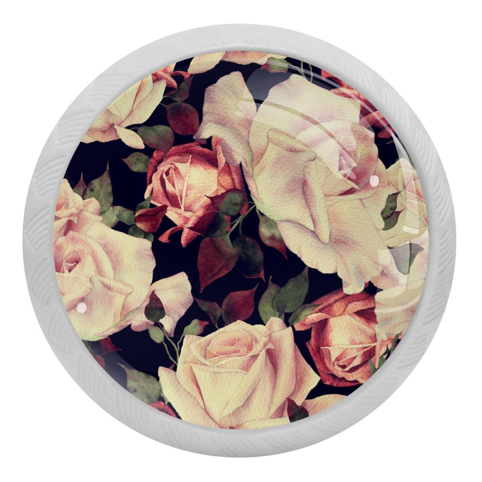 4PCS Round Pink Roses Watercolor Cabinet Fluorescence Knob Glowing in ...