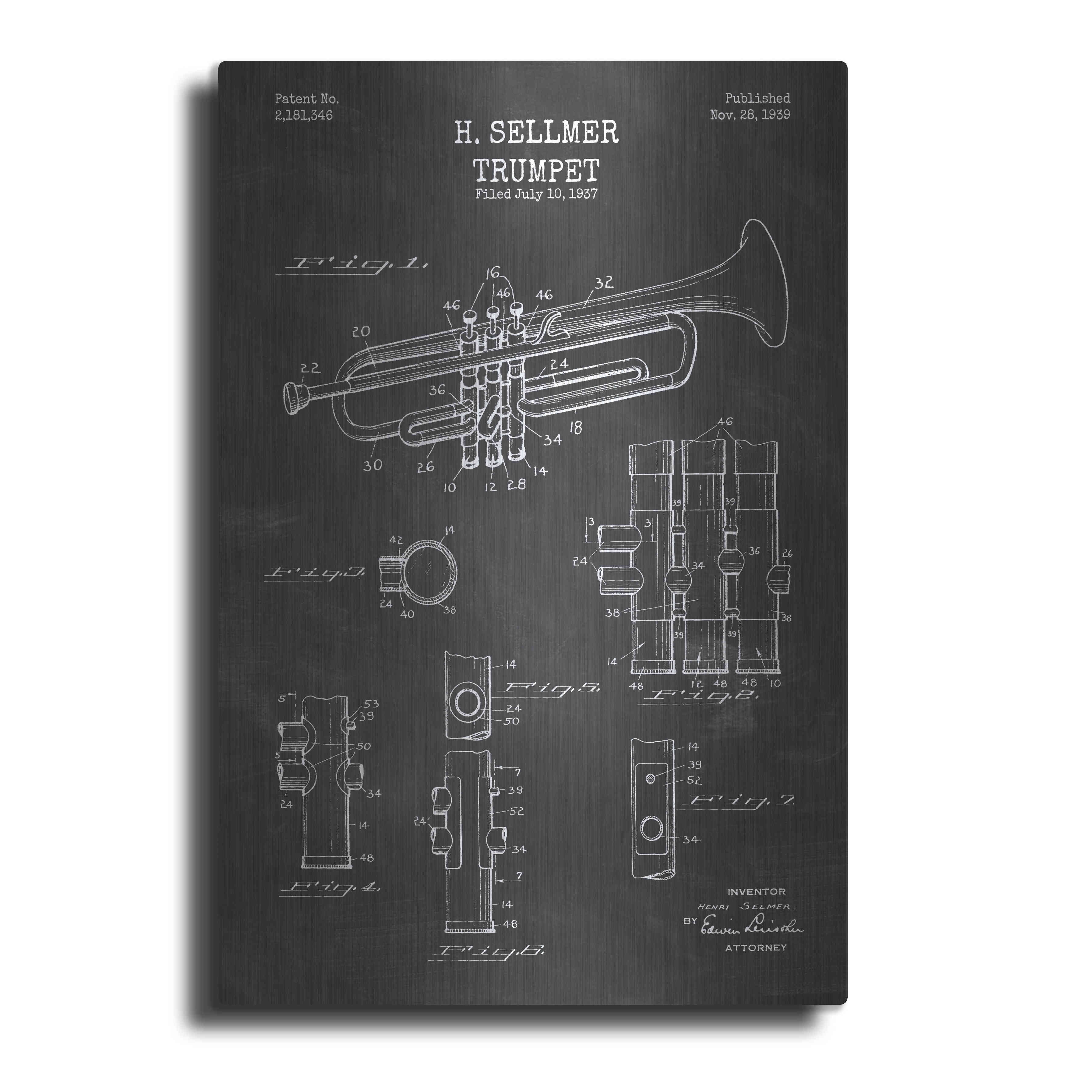 Luxe Metal Art 'Trumpet Blueprint Patent Chalkboard' Metal Wall Art, 24 ...