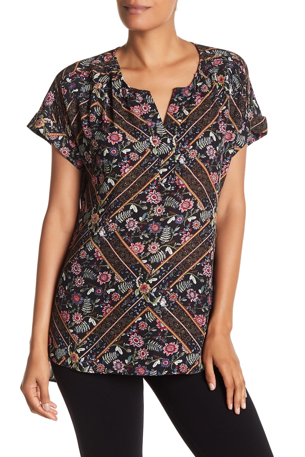 Dr2 Dr2 Womens Medium Floral Print Split Neck Blouse