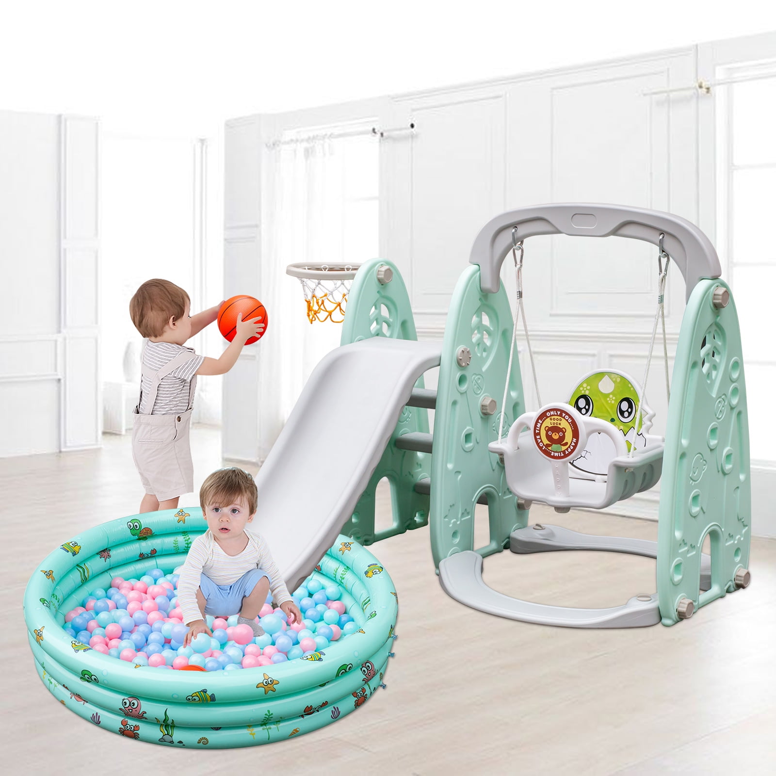 VEVOR 4 in 1 Toddler Slide and Swing Set Indoor Slide Fresh Green ...