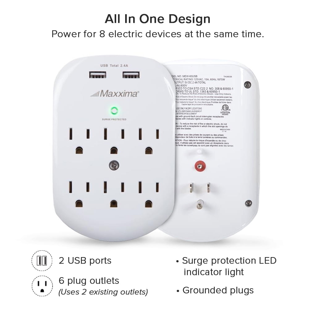 Maxxima 6 Outlet Dual USB 2.4A Grounded Adapter Plug, 490 Joules Surge ...