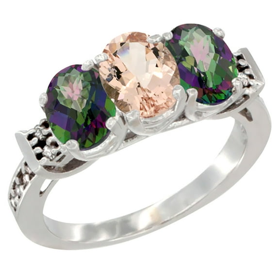 10K White Gold Natural Morganite & Mystic Topaz Sides Ring 3-Stone Oval ...
