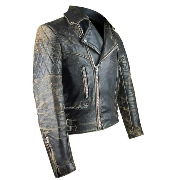 Distressed Black Leather Motorcycle Jacket Mens With Multiple Zipper ...