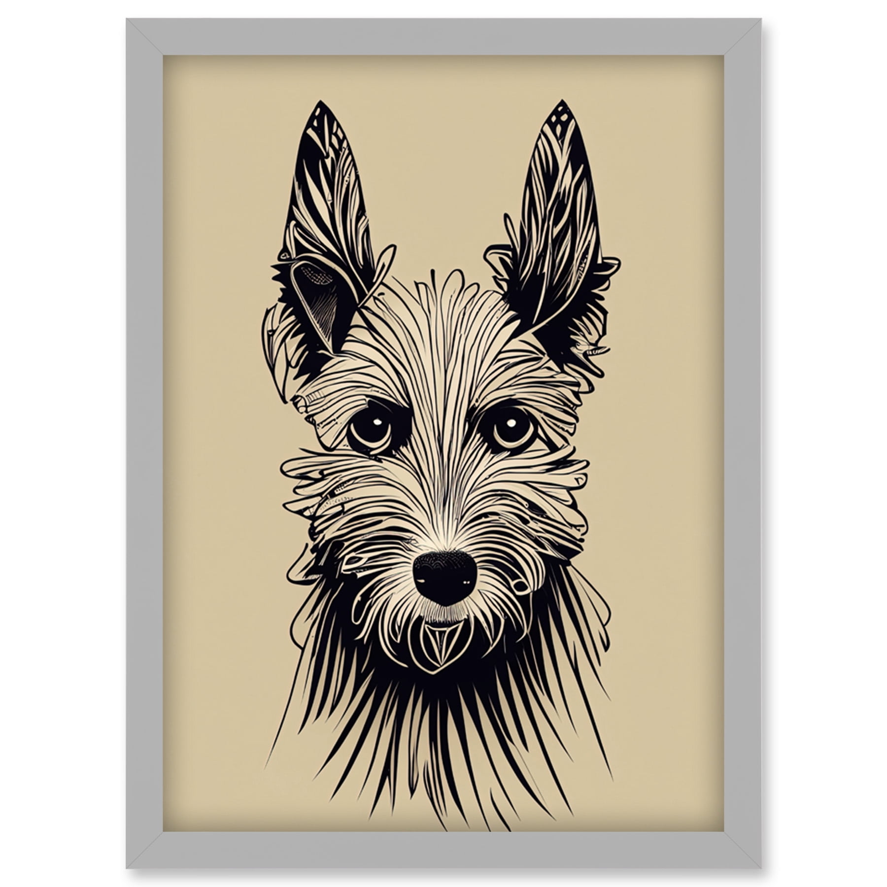 Portrait Of A Terrier Dog Cute Illustration On Tan Artwork Framed Wall ...