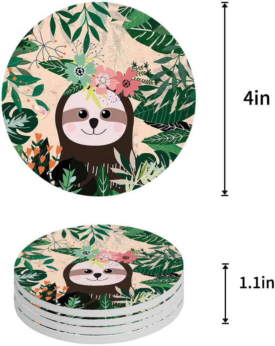 ZHANZZK Sloth Tropical Leaves Set of 6 Round Coaster for Drinks ...