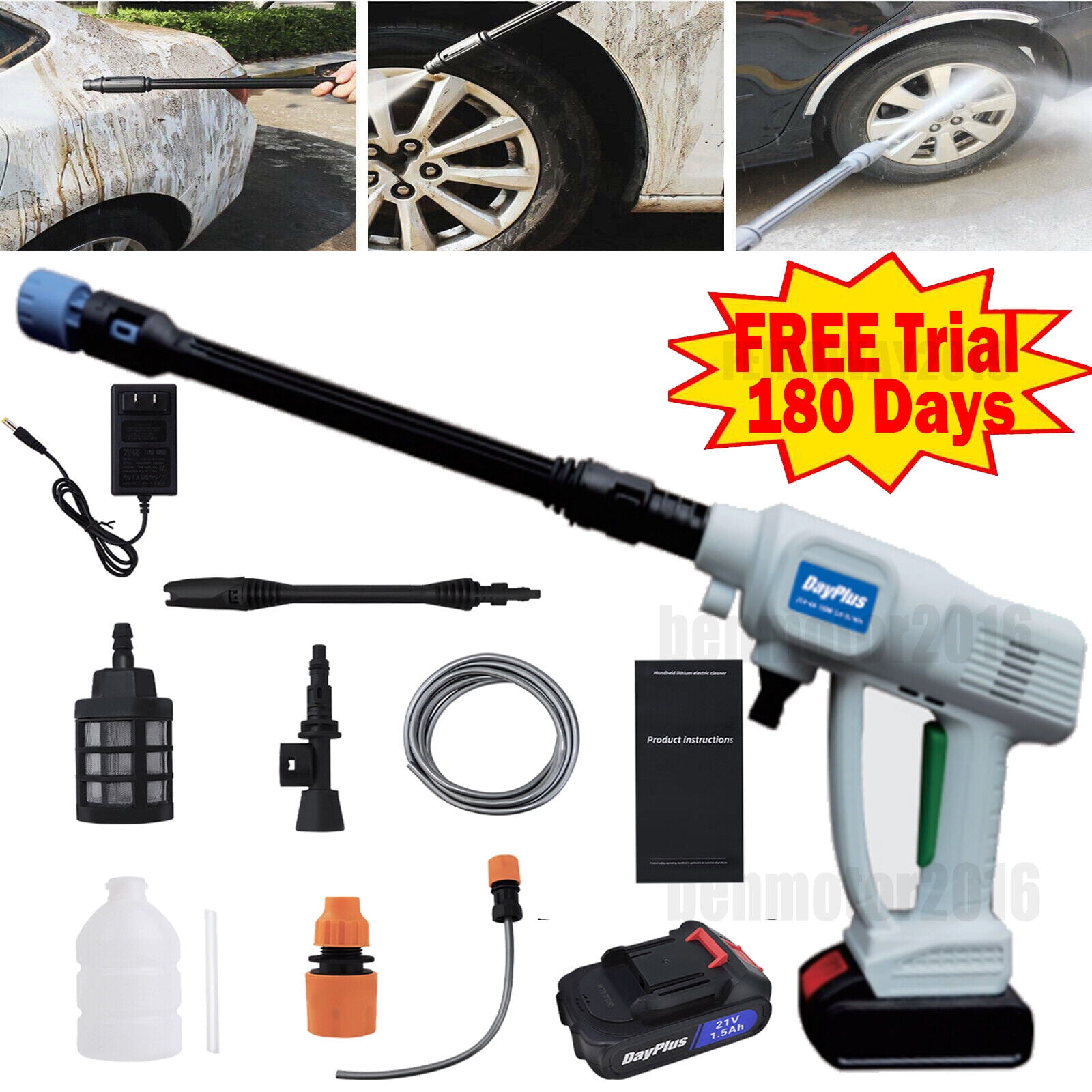 Bowoshen Cordless Electric High Pressure Water Spray Car Gun Portable ...