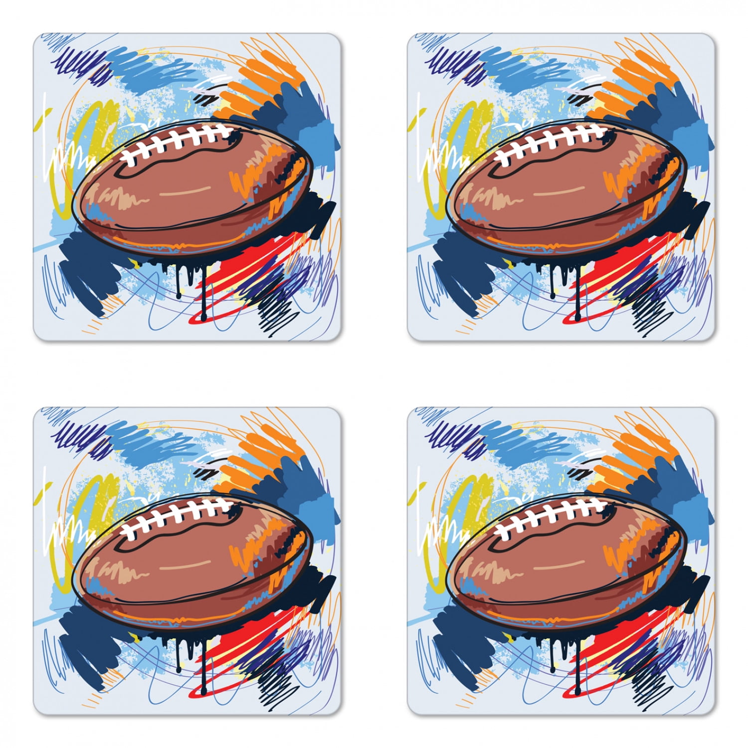 Sports Coaster Set of 4, Diamond Shape Rugby Ball Sketch with Colorful ...