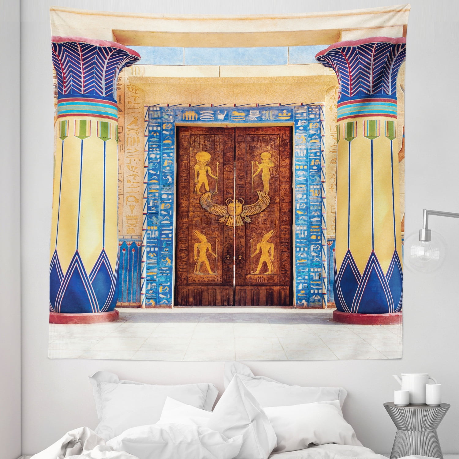 Egyptian Tapestry, Old Building with Entry Door and Round Columns with ...