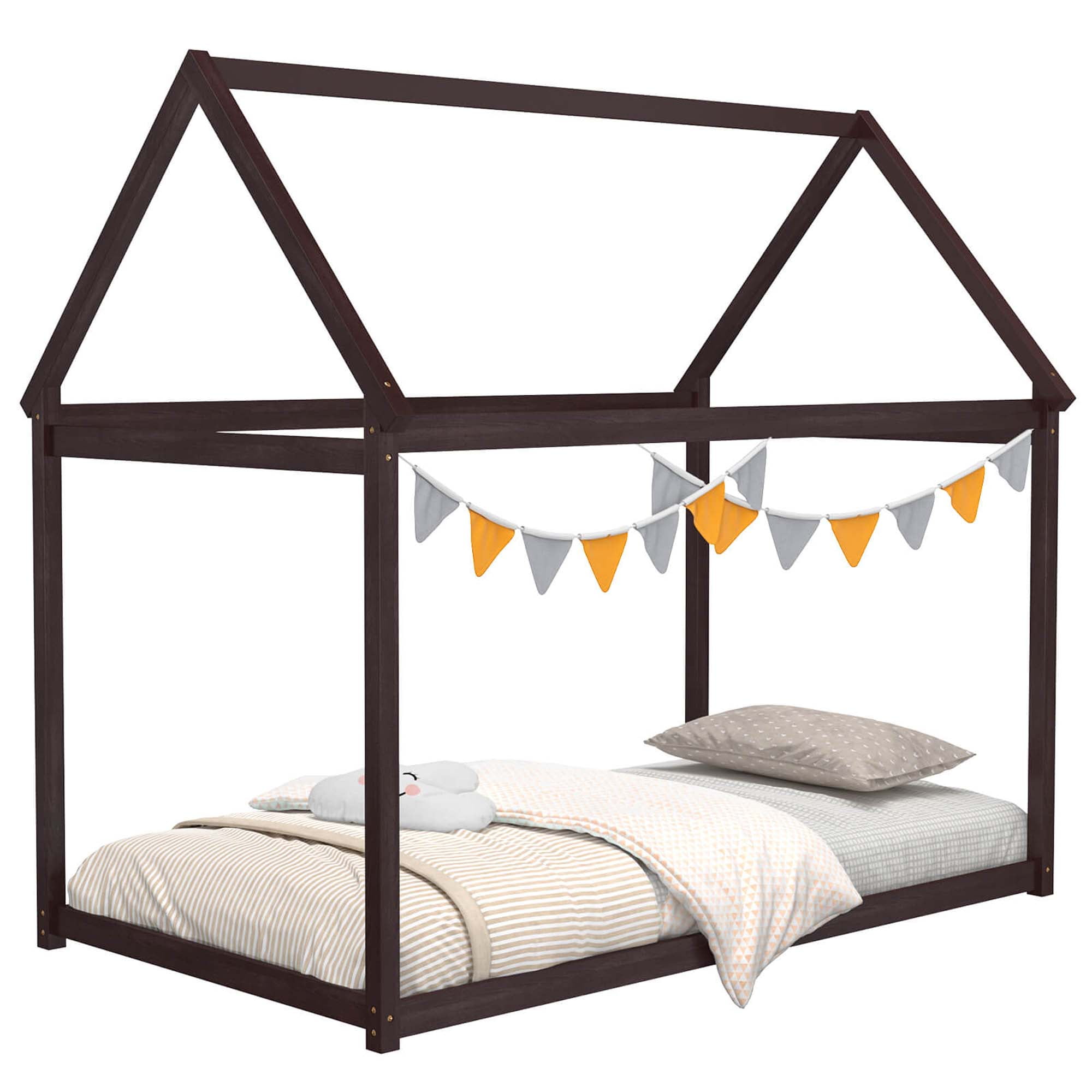 Click here for Costway Twin House Bed Wood Frame With Roof For Ki... prices
