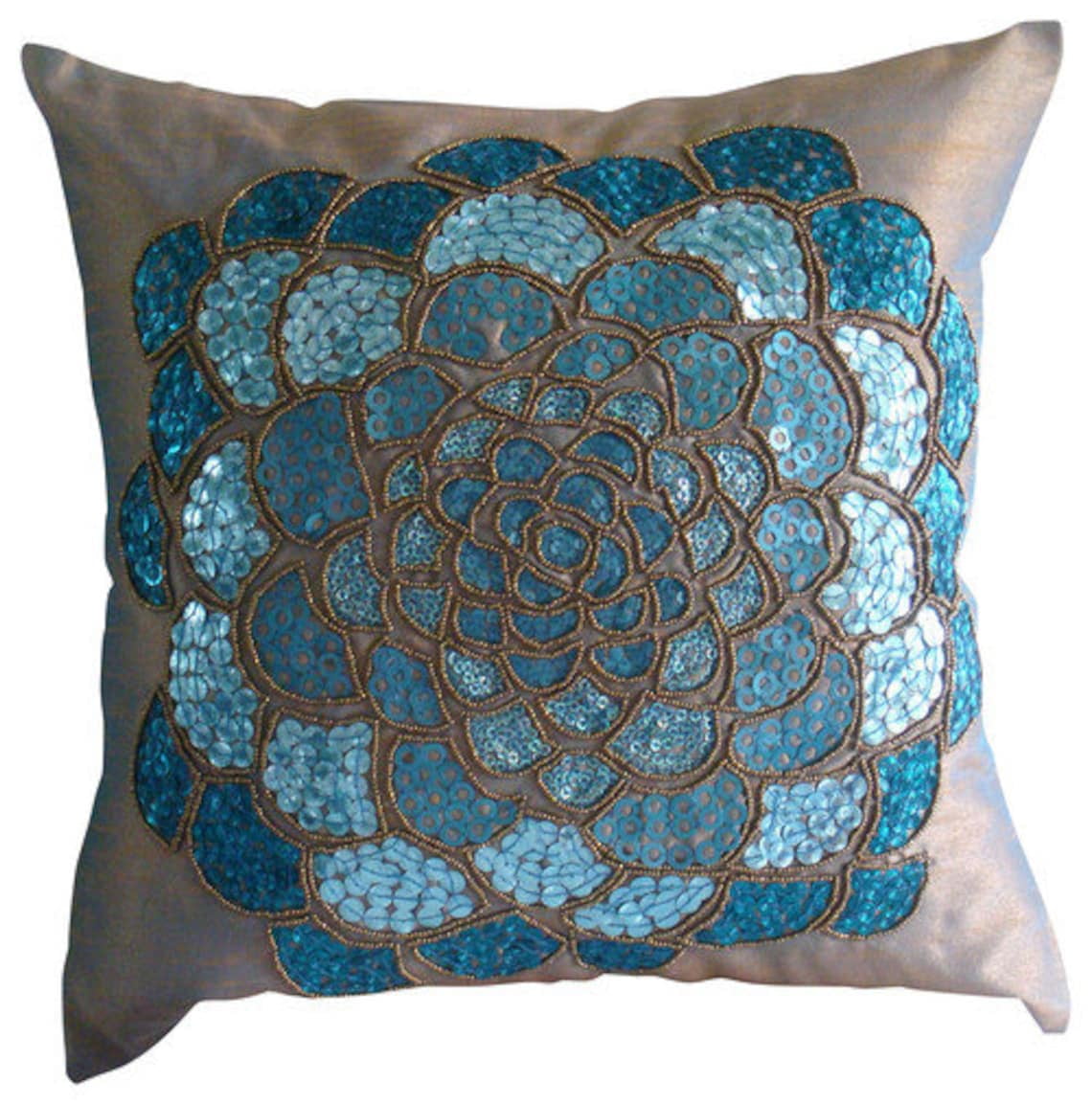 Cushion Covers, Blue Pillow Shams, 3D Sequins Flower Medallion Floral ...