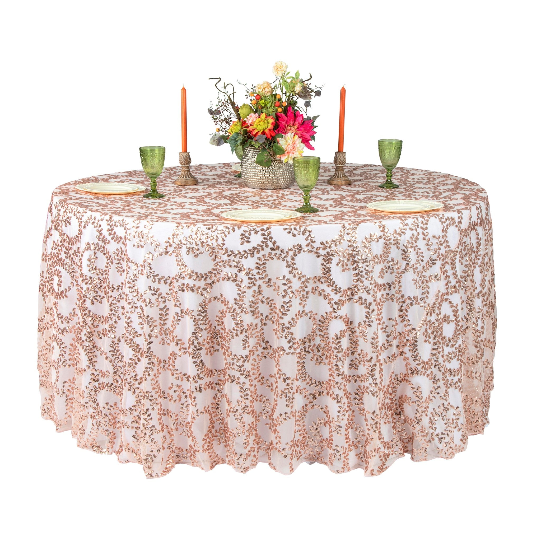 Sequin Tablecloth Blush/Rose Gold Vine Round Table Overlay 120" for ...