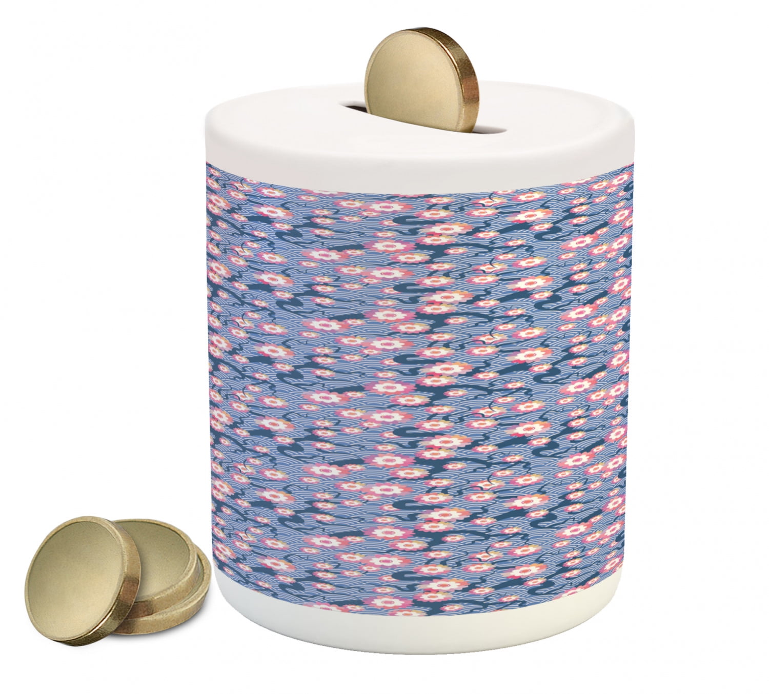Cherry Blossom Piggy Bank, Art Deco Fish Scale Pattern Cherry Flowers ...
