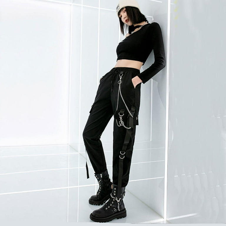 Women's Baggy Black Cargo Pants with Chain, Techwear, Loose Women's Baggy Black Cargo Pants with Chain, Techwear, Loose