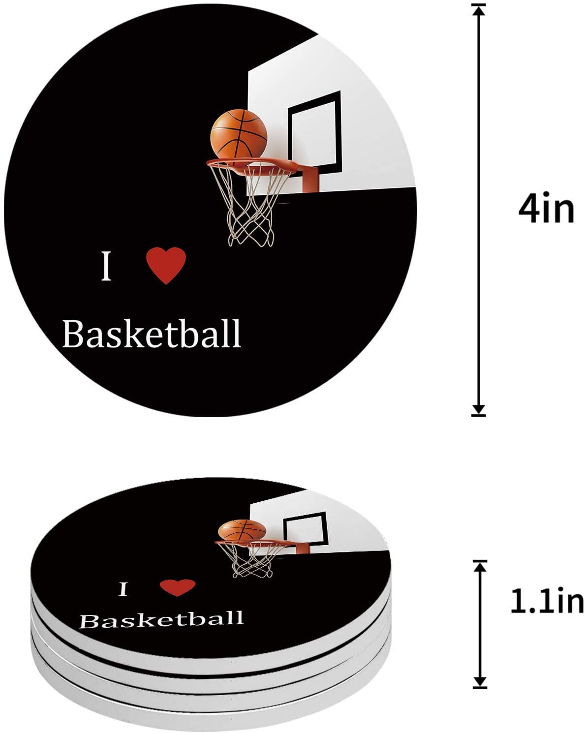 FMSHPON I Love Basketball Black Set of 4 Round Coaster for Drinks ...