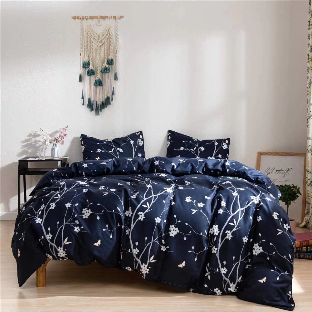 PinkMemory Navy Blue Duvet Cover Set Queen Flower Pattern Brushed ...