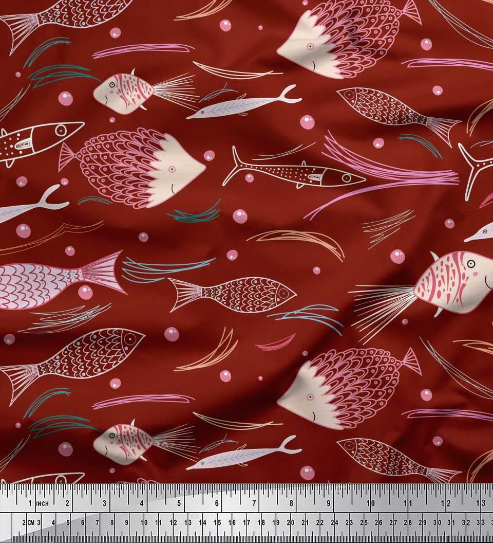 Soimoi Red Viscose Chiffon Fabric Bubbles & Fish Ocean Print Fabric by ...