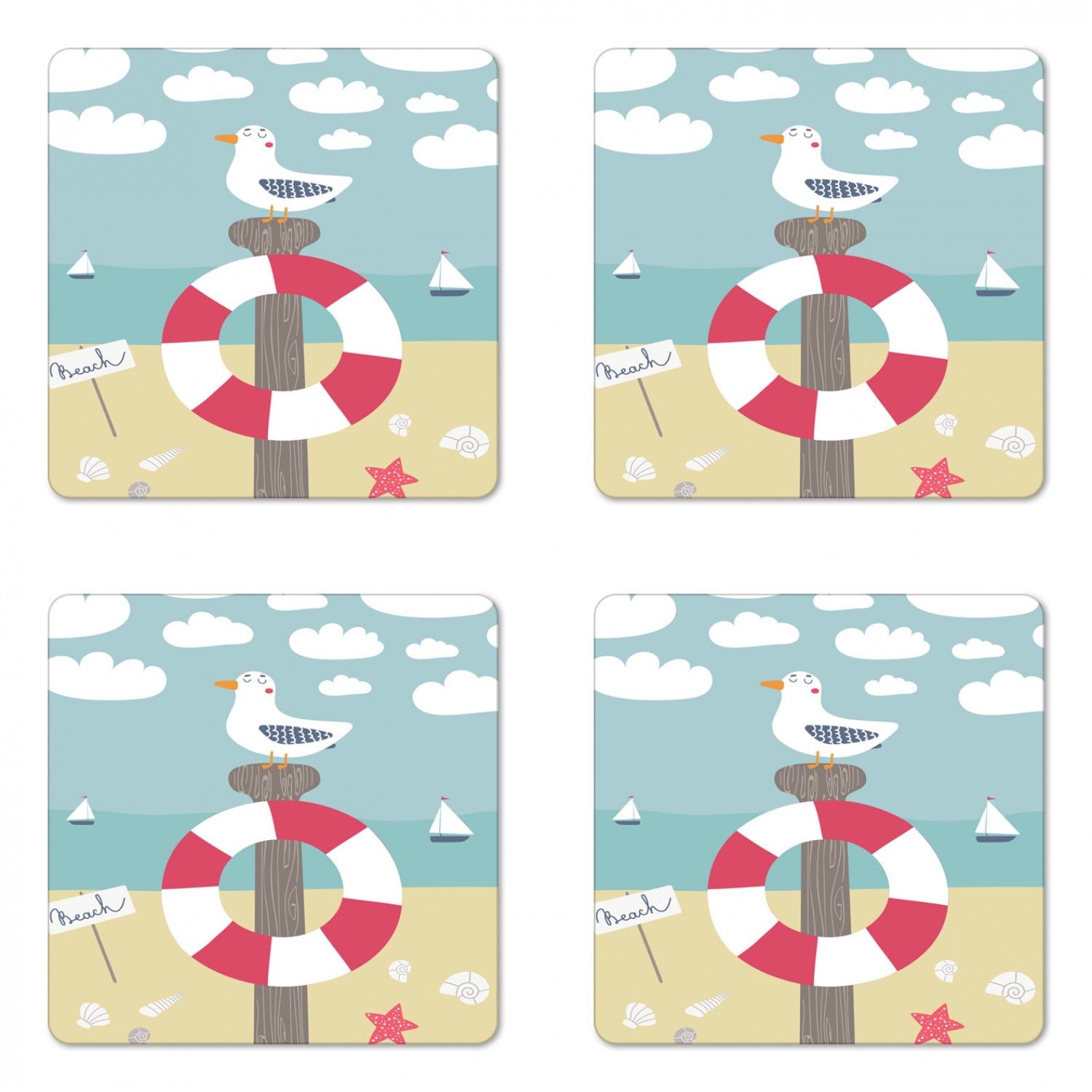 Graphic Beach Coaster Set of 4, Nautical Cartoon Ocean with Sailboats ...