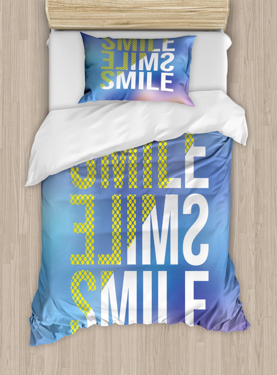 Smile Duvet Cover Set Twin Size, Modern Big Positive Lettering in ...