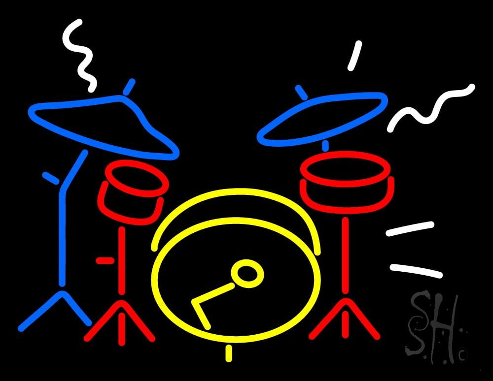 Drum Set LED Neon Sign 24" Tall x 31" Wide - inches Black Square Cut ...