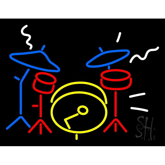 Drum Set LED Neon Sign 24" Tall x 31" Wide - inches Black Square Cut ...