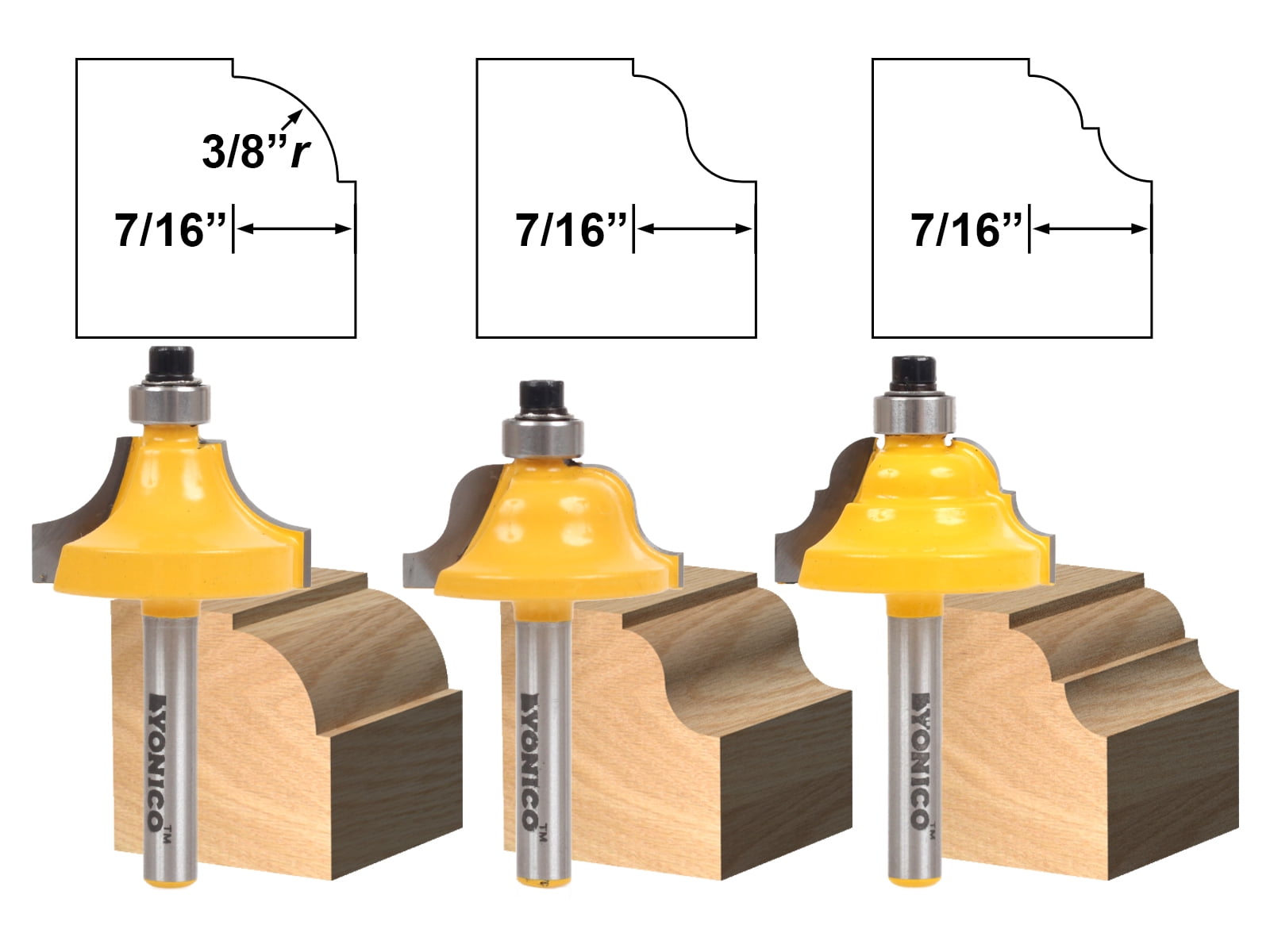 3 Bit Edge Molding Router Bit Set - Medium Designer - 1/4" Shank ...