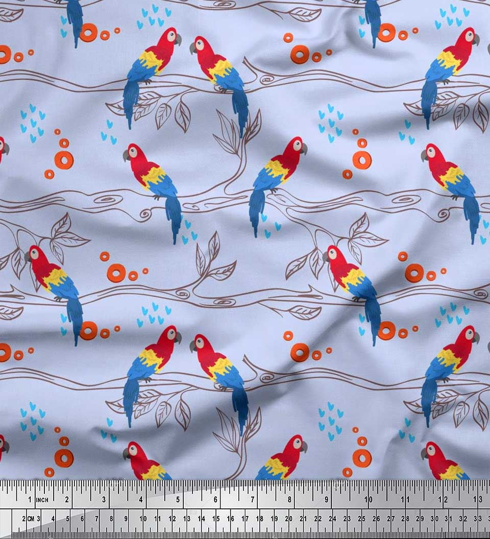 Soimoi Silk Fabric Branches,Leaves & Macaw Parrot Bird Print Fabric by ...