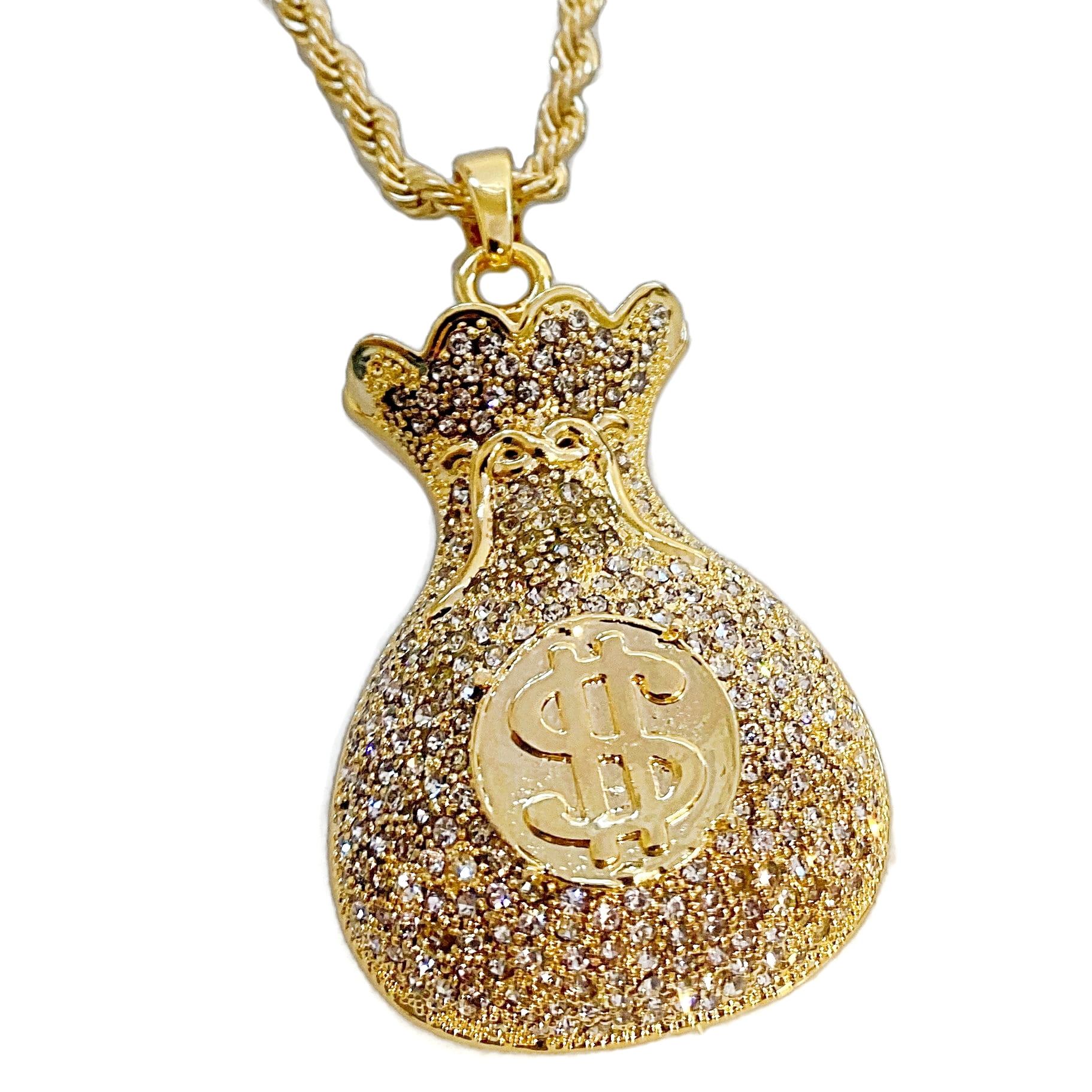 14K Gold Finish Cash Money Bag Iced Flooded Out Pendant Hip Hop Rope ...