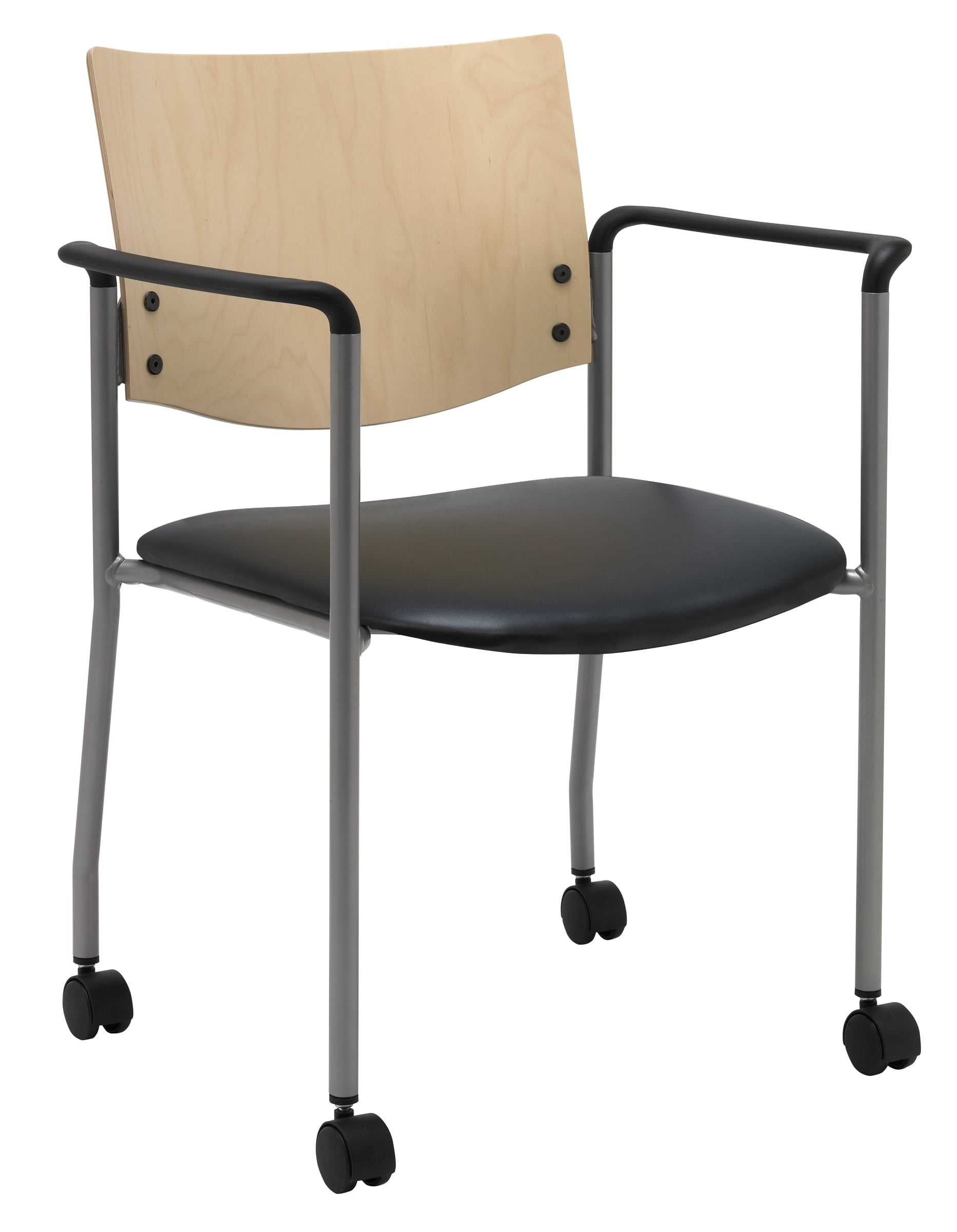 KFI Studios Evolve Stack Chair with Arms & Casters, Natural Wood Back, Black Vinyl Seat ...