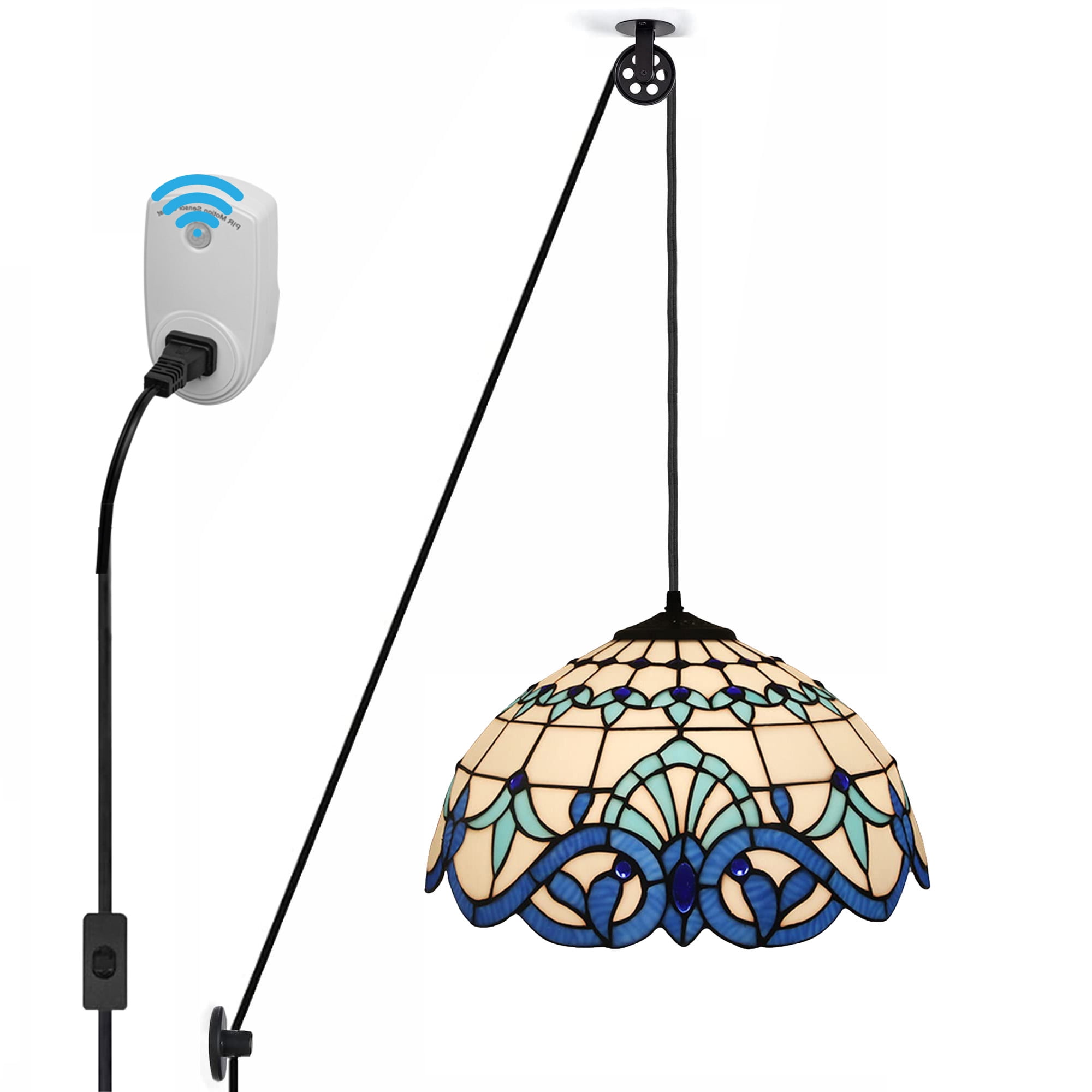 Kiven Plug in Pendant Light, PIR Motion Sensor Tiffany Style Hanging ...