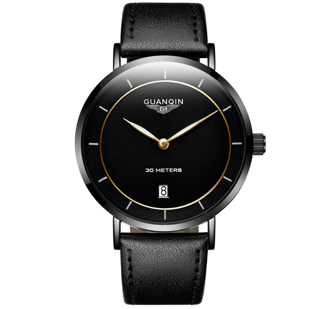 GUANQIN Men Business Stainless Steel Leather Band Analog Quartz Wrist ...
