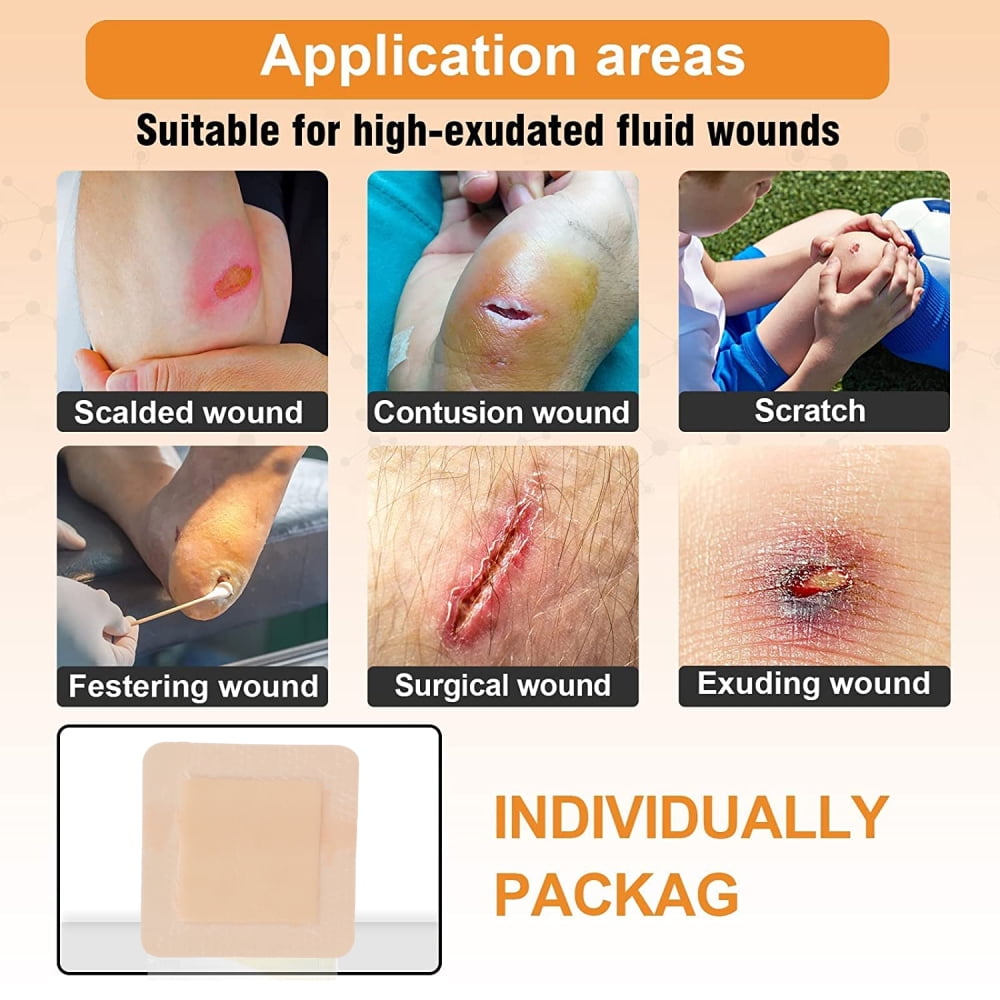 Silicone Foam Dressing, 4in Adhesive Waterproof and High Absorbency ...