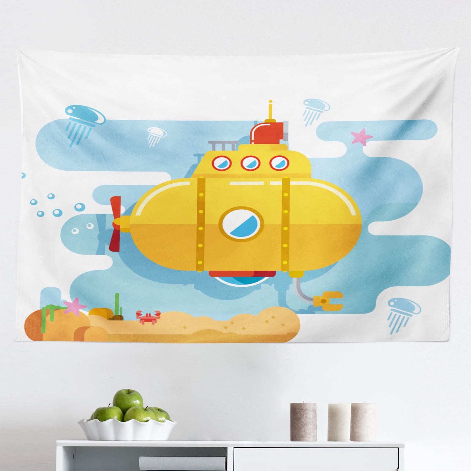 Yellow Submarine Tapestry, Sea Theme Design in Cartoon Style ...