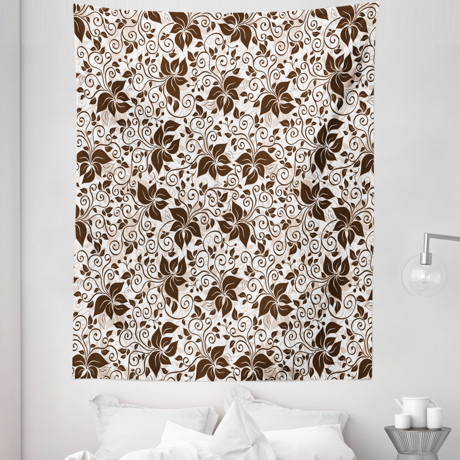 Earth Tones Tapestry, Brown Silhouette Petals and Leafage with Spiral ...