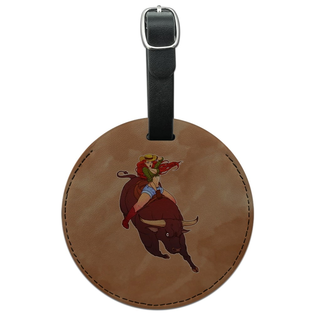 Cowgirl Pinup Riding Bucking Bull Rodeo Round Leather Luggage Card ...