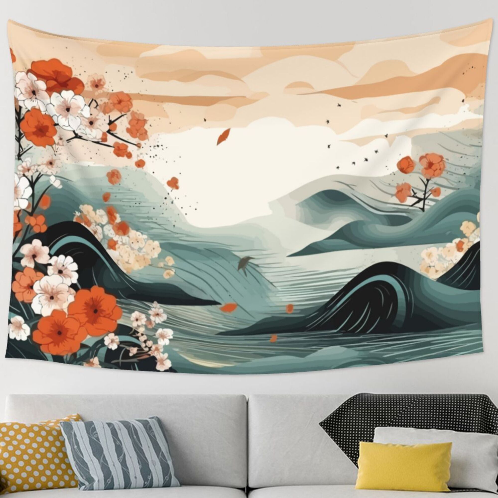 TEQUAN Oriental Style Watercolor Waves Pattern Large Tapestry ...