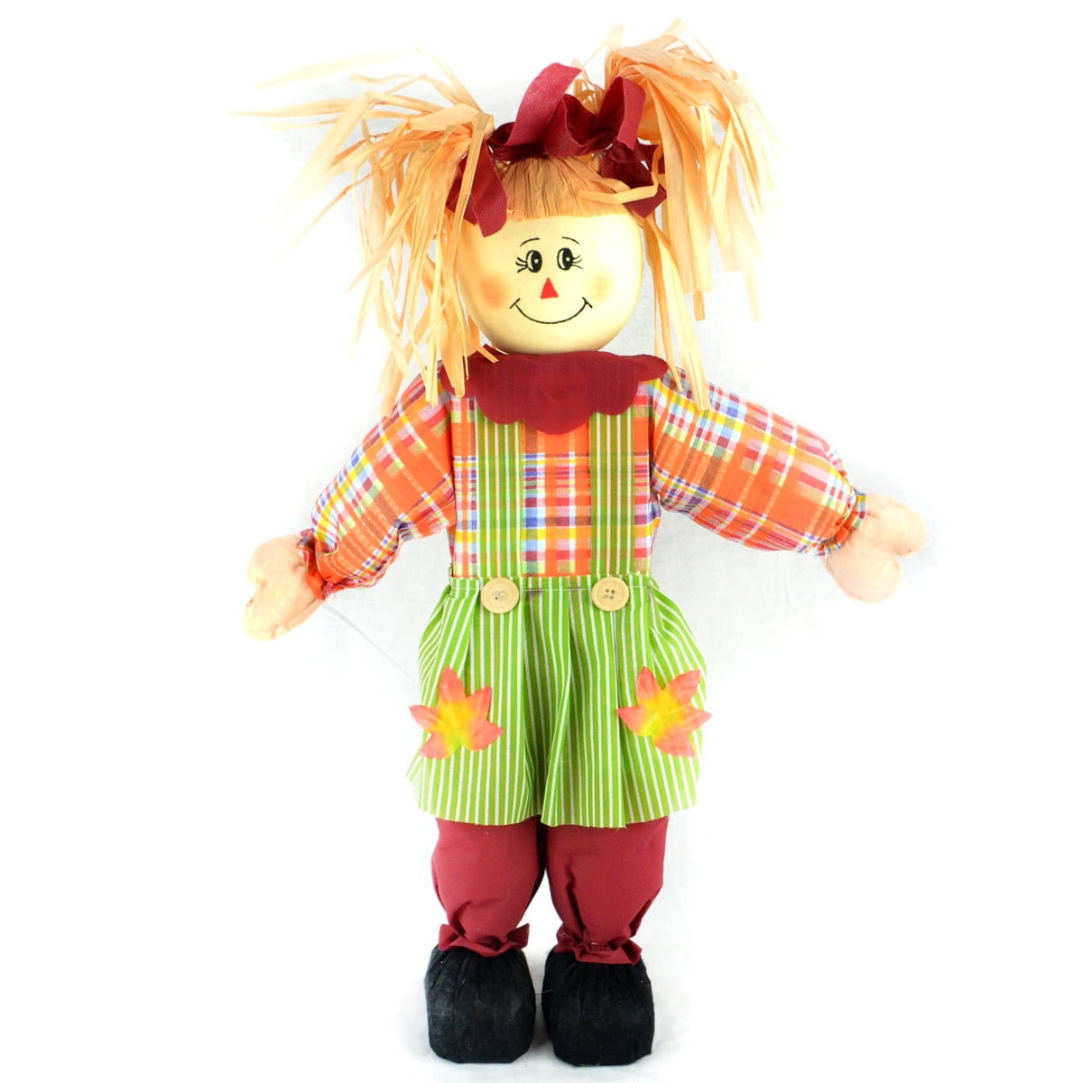 24" Orange Girl Scarecrow with Plaid Dress and Pigtails Halloween ...