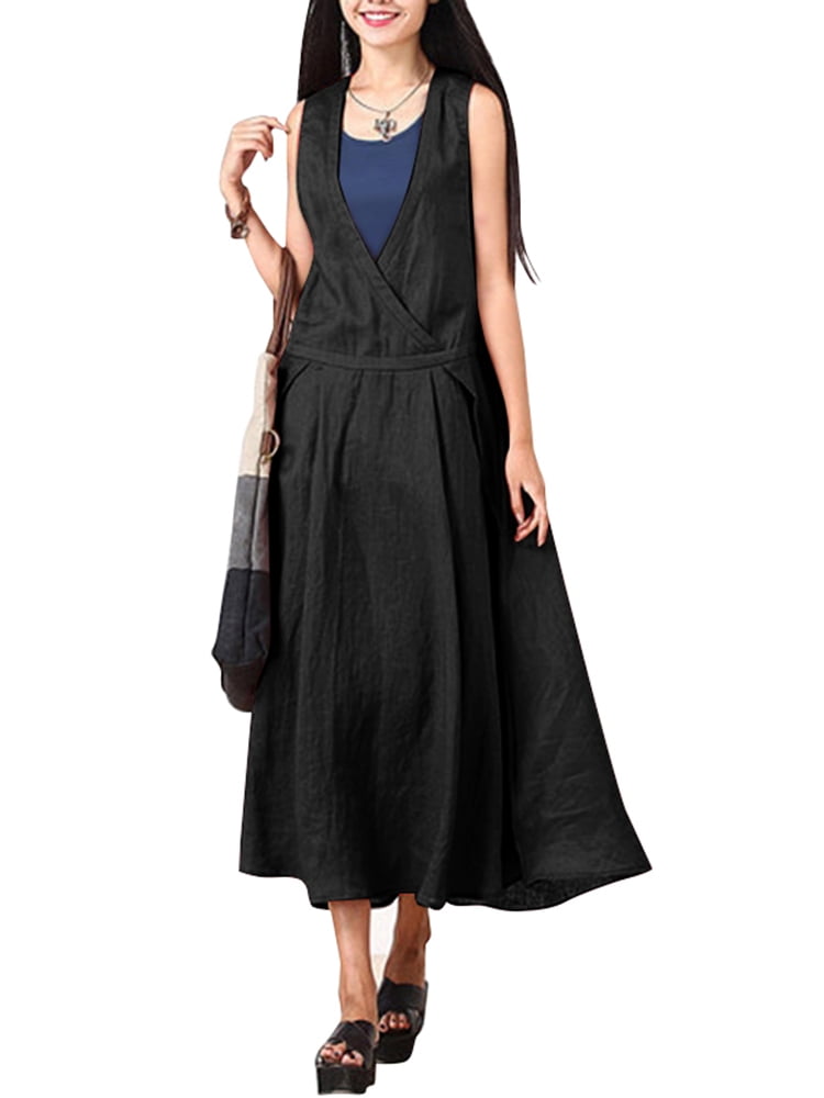 Zanzea Womens Plus Size Casual V Neck Sleeveless A Swing Dress Solid