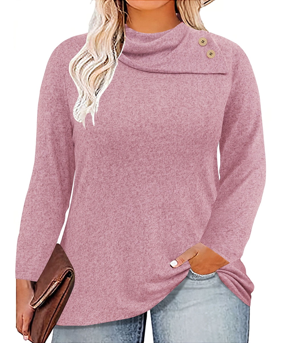 TIYOMI Plus Size Tops For Women Long Sleeve Button Down Cowl Neck Blouse Solid Color Loose Fit ...