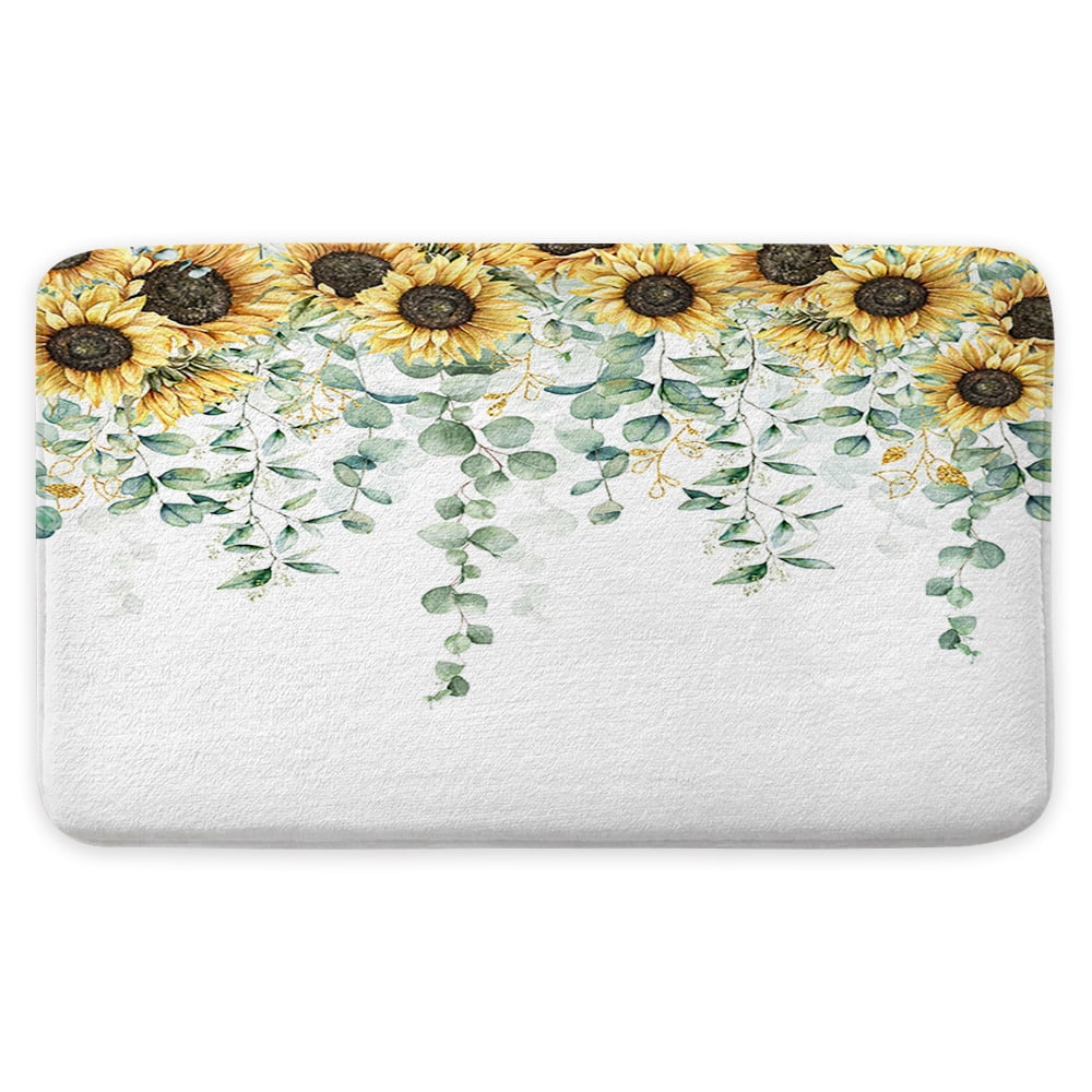 Botanical Bath Mat, Yellow Sunflowers and Eucalyptus Leaves Bath Rug ...