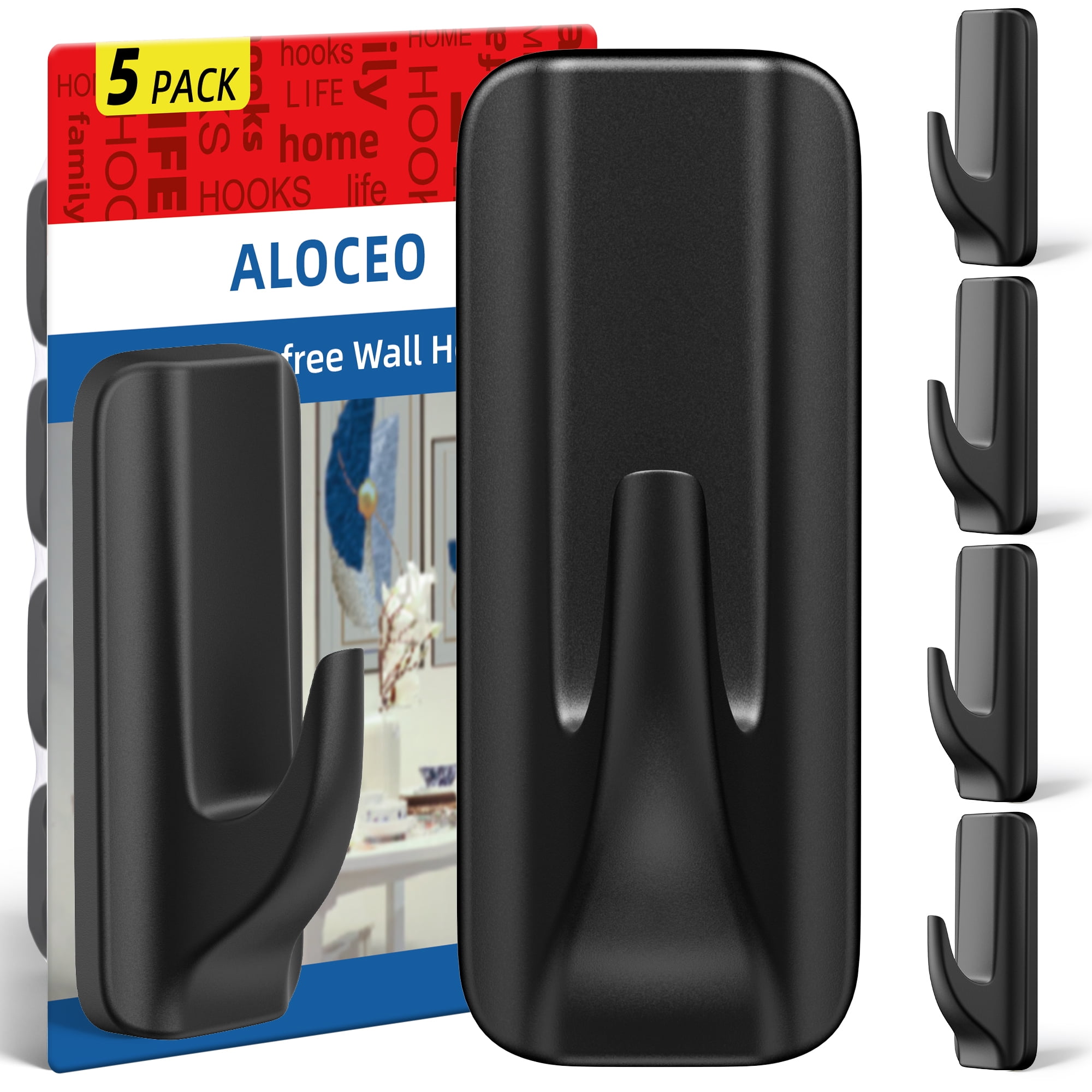 ALOCEO Black Wall Hooks Adhesive Hooks for Hanging , 5 Hooks and 6 ...