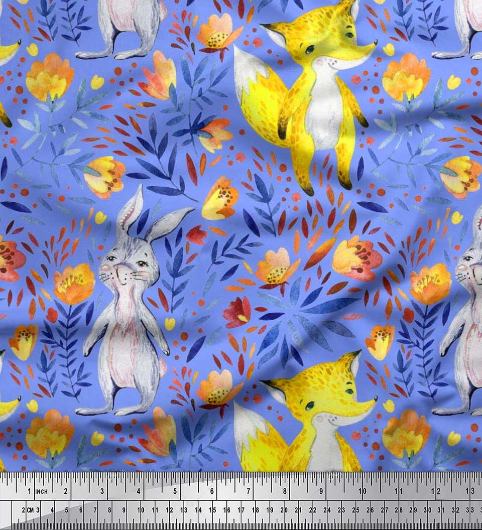 Soimoi Satin Silk Fabric Fox & Bunny Kids Printed Fabric 1 Yard 42 Inch ...