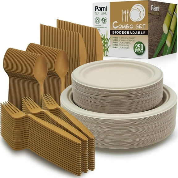 250-Piece Compostable Degradable Tableware Eco Set Disposable Sugarcane ...