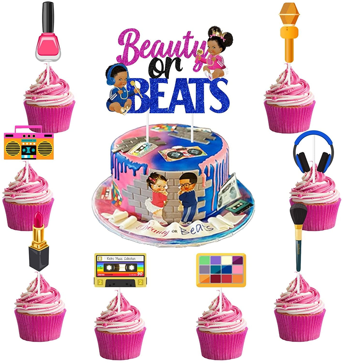 25Pcs Beauty or Beats Gender Reveal Party Cake Decorations, Funny ...