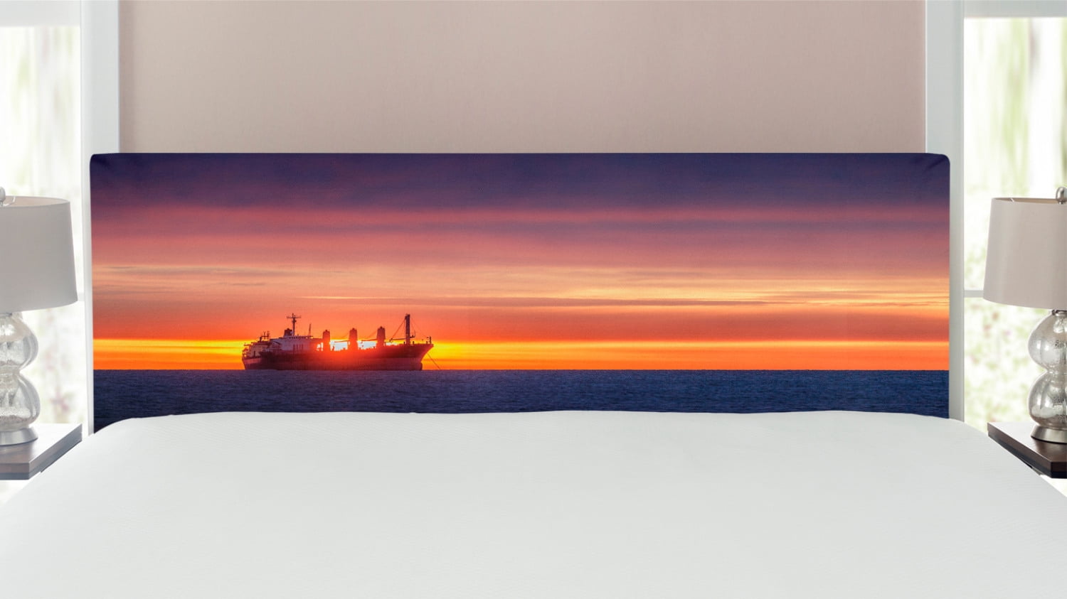 Nautical Headboard, Sunrise Horizon on the Sea with Sailing Logistic ...