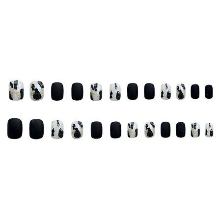 24pcs Matte Black Fakes Nails Midi Round Head Sweet Style Artificial ...
