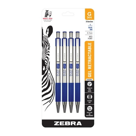 Zebra Pen G-301 Retractable Gel Pen, Premium Stainless Steel Barrel ...