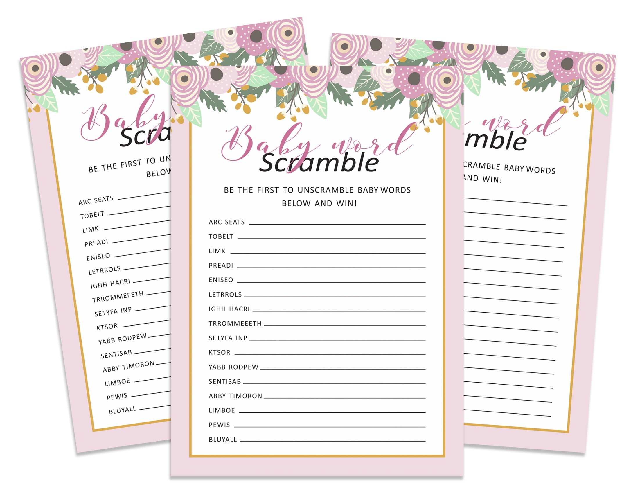 Inkdotpot Pack of 50, Girl Baby Shower Party Collection, Word Scramble ...